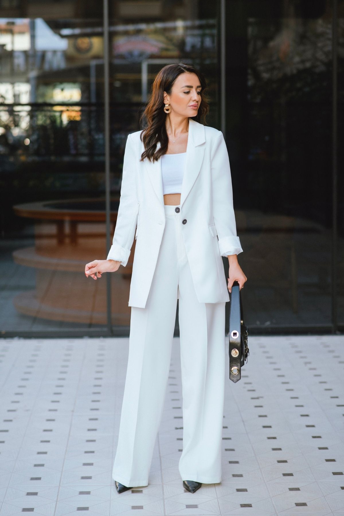 Beyaz Palazzo Pantolon Ceket Takım | Fashion Week Butik