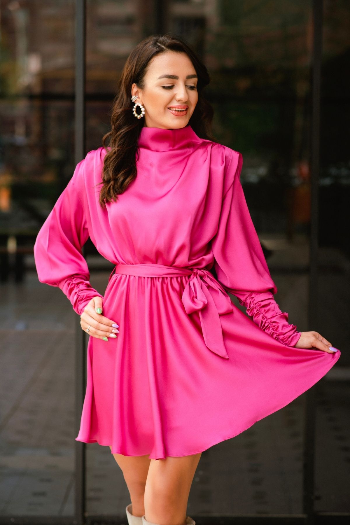 Fuşya Tasarım Kol Detaylı Astarlı Mini Saten Elbise | Fashion Week Butik